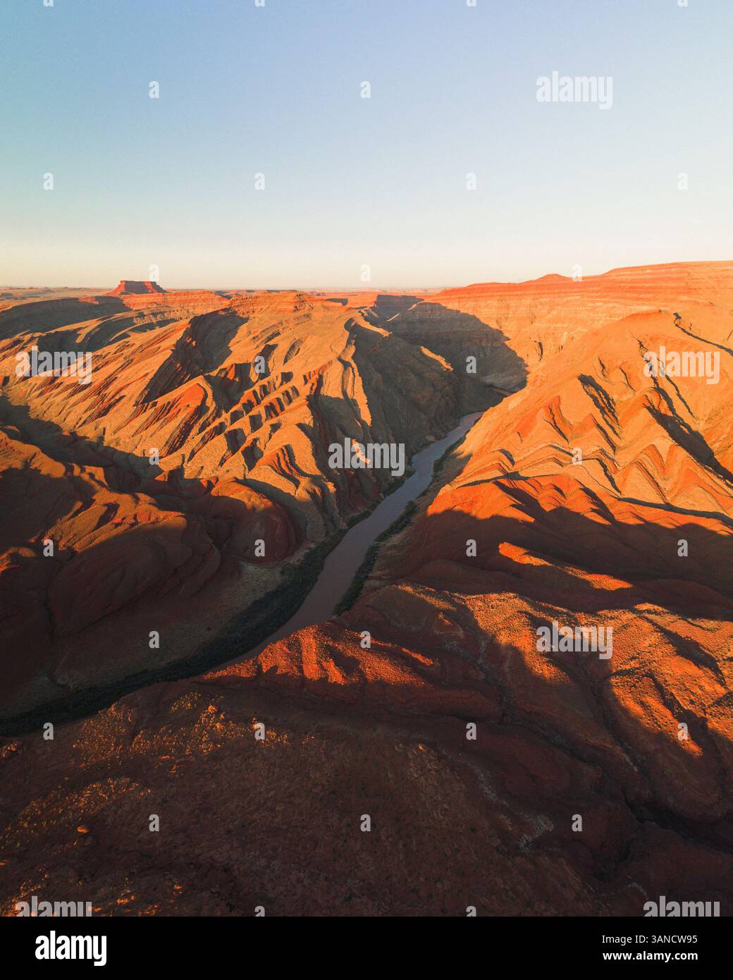 Aerial view of triangular shaped rocks along San Juan River, near ...