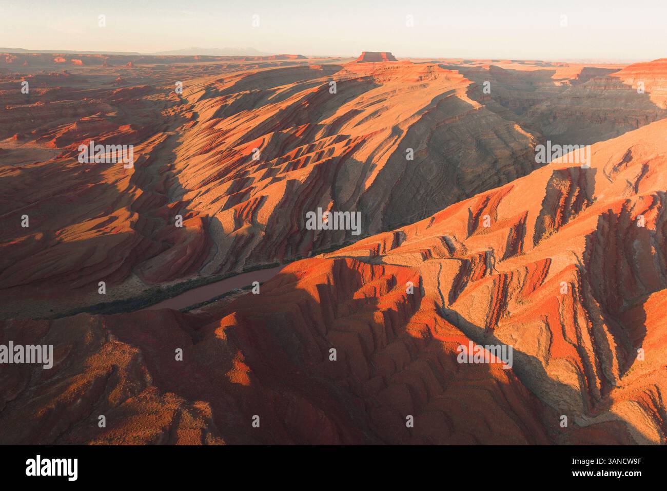 Aerial view of triangular shaped rocks along San Juan River, near ...