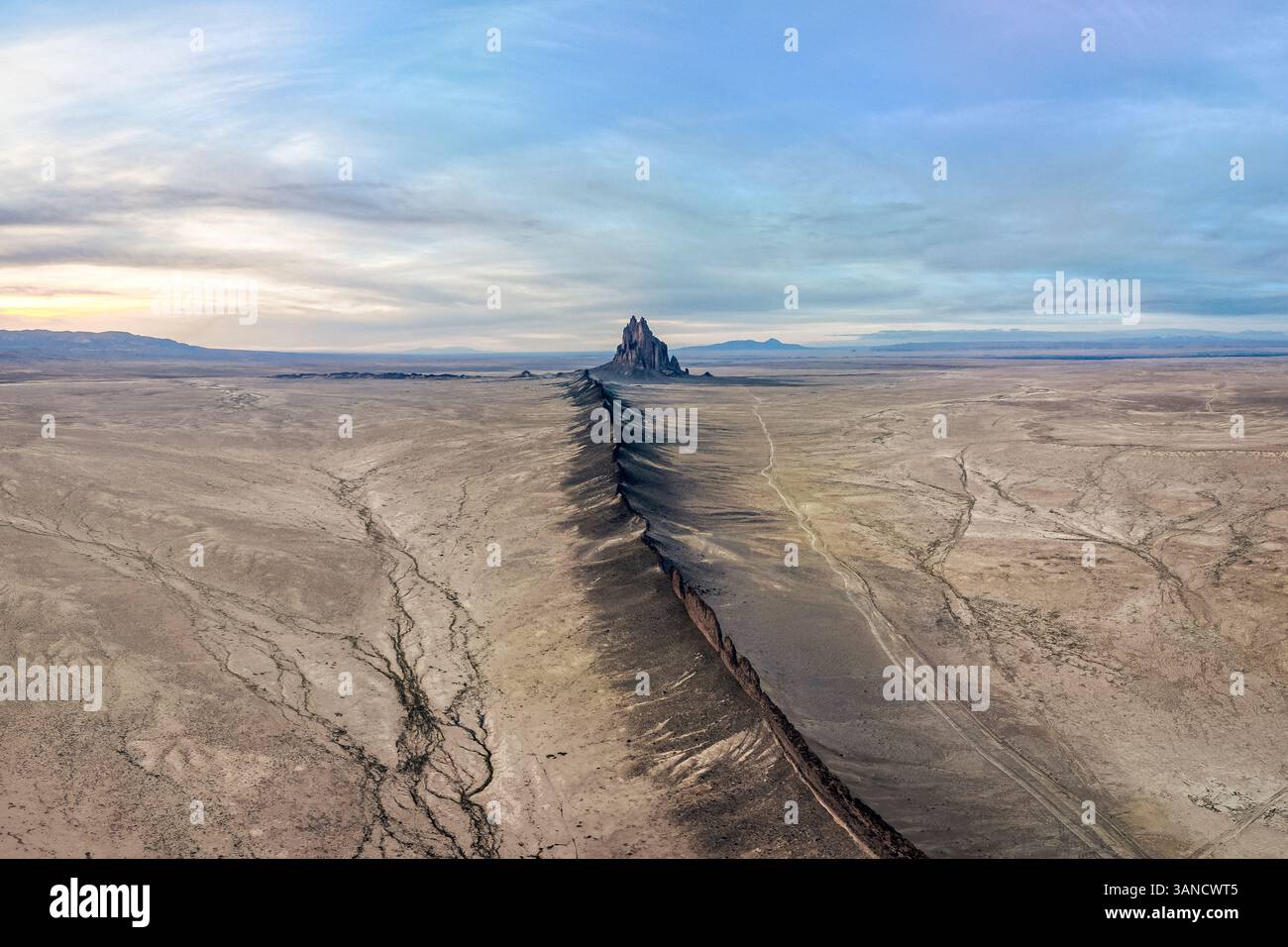 Aerial view of the famous monadnock Shiprock at sunset, Navajo Nation ...
