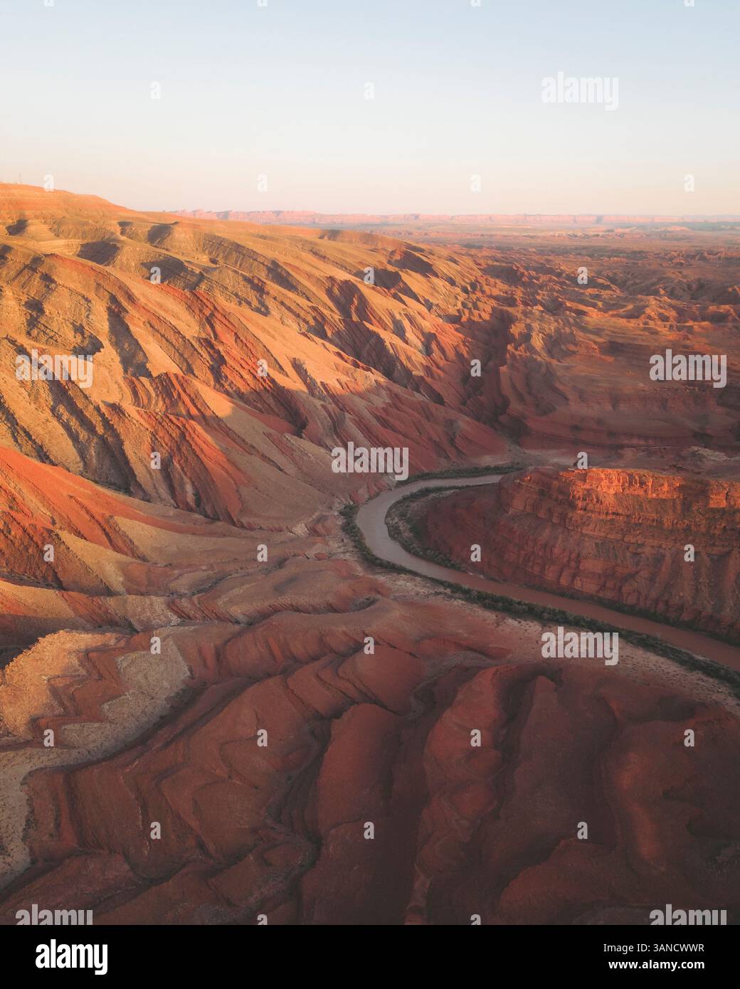 Aerial view of triangular shaped rocks along San Juan River, near ...