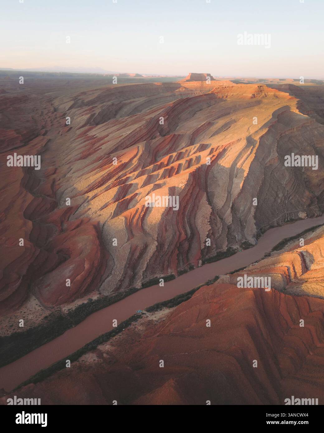Aerial view of triangular shaped rocks along San Juan River, near ...