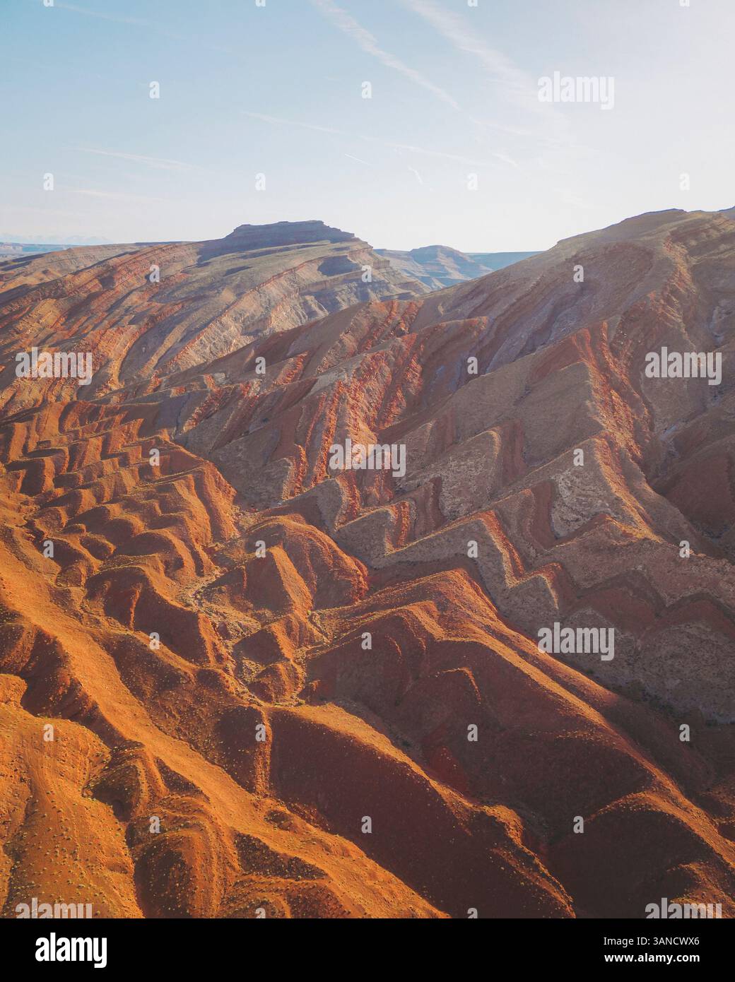 Aerial view of triangular shaped rocks along San Juan River, near ...