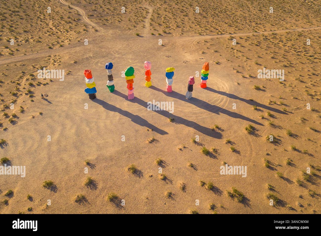 Aerial view of the art sculpture Seven Magic Mountains, near Las Vegas ...