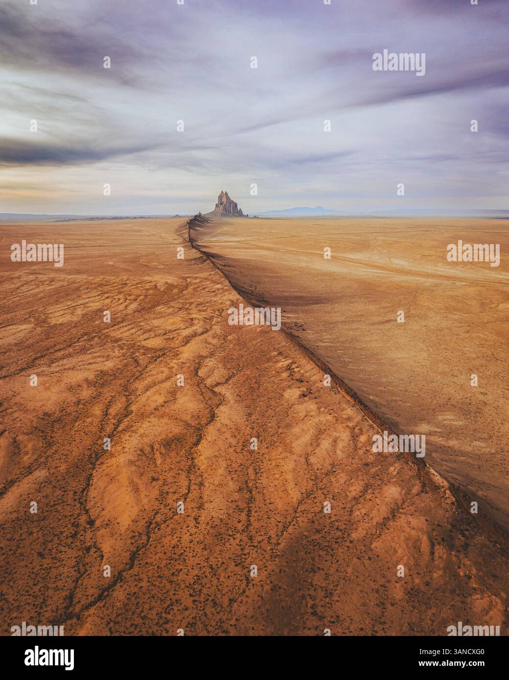 Aerial view of the famous monadnock Shiprock at sunset, Navajo Nation ...