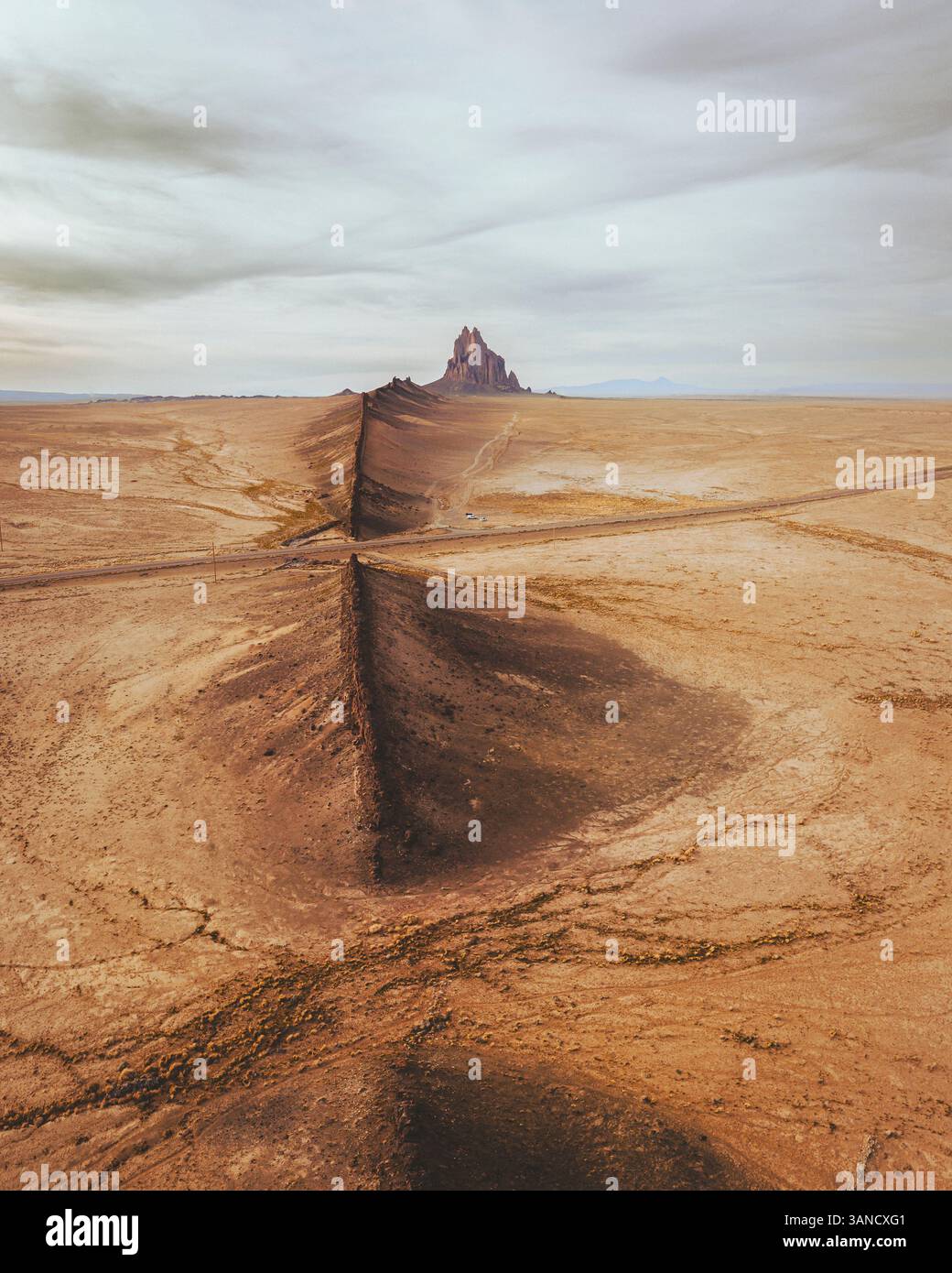 Aerial view of the famous monadnock Shiprock at sunset, Navajo Nation ...