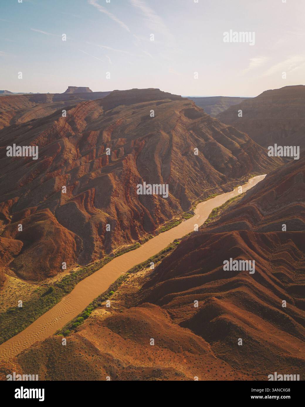 Aerial view of triangular shaped rocks along San Juan River, near ...