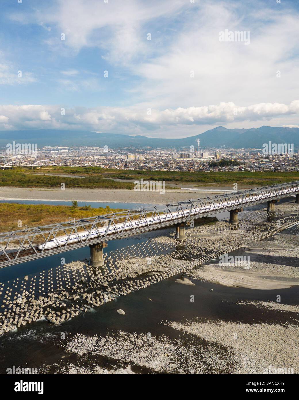 Aerial view of the Tokaido Shinkansen on a bridge over the Fuji-kawa ...