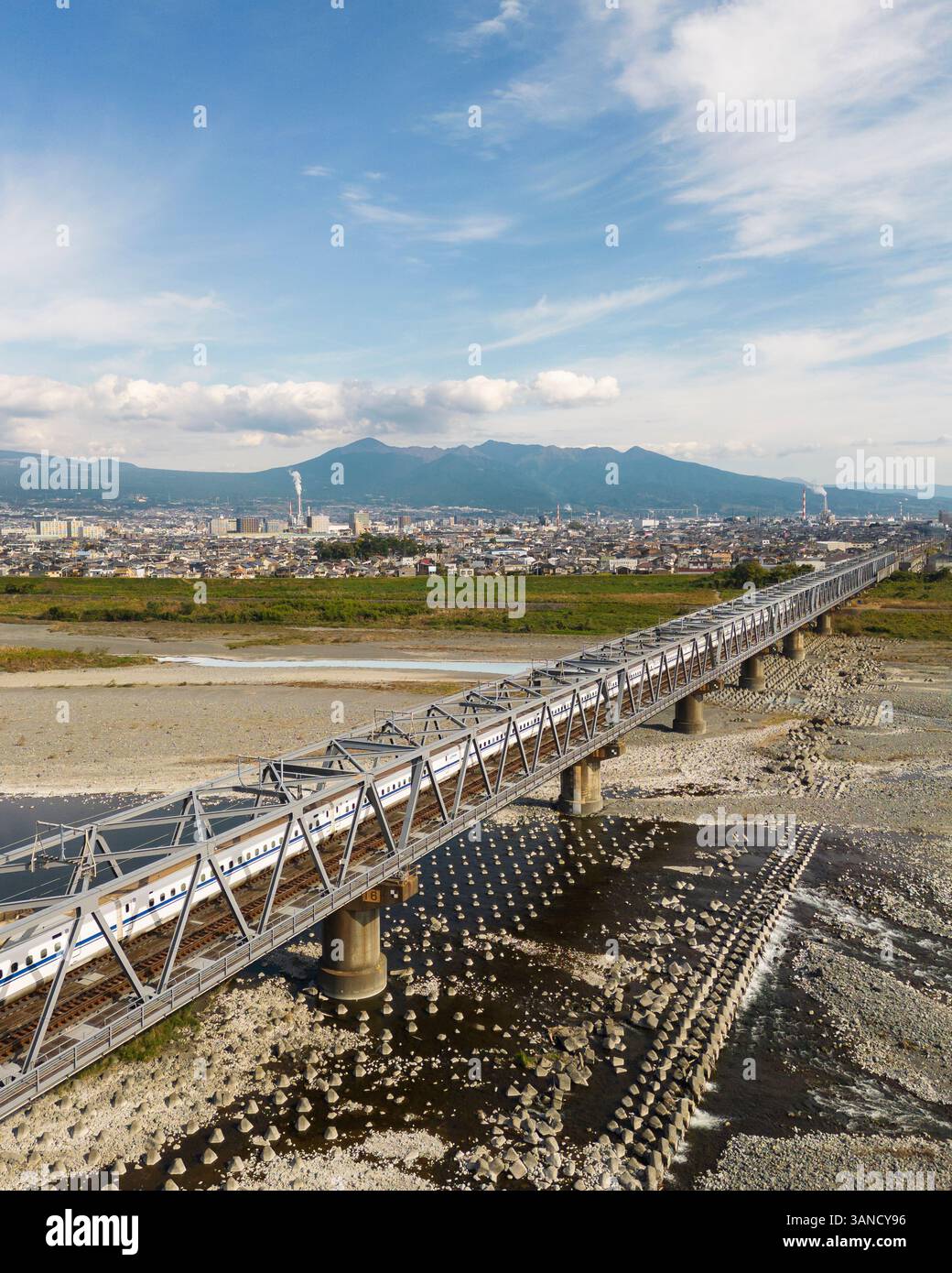 Aerial view of the Tokaido Shinkansen on a bridge over the Fuji-kawa ...
