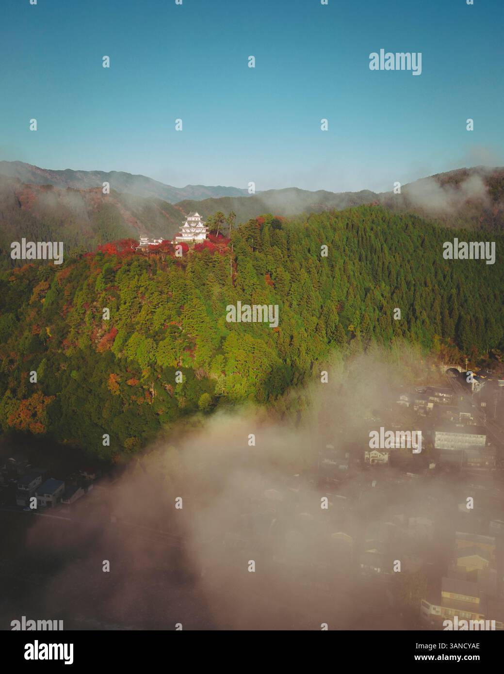 Aerial view of Gujo Hachiman Castle at sunrise during koyo season, Gujo ...