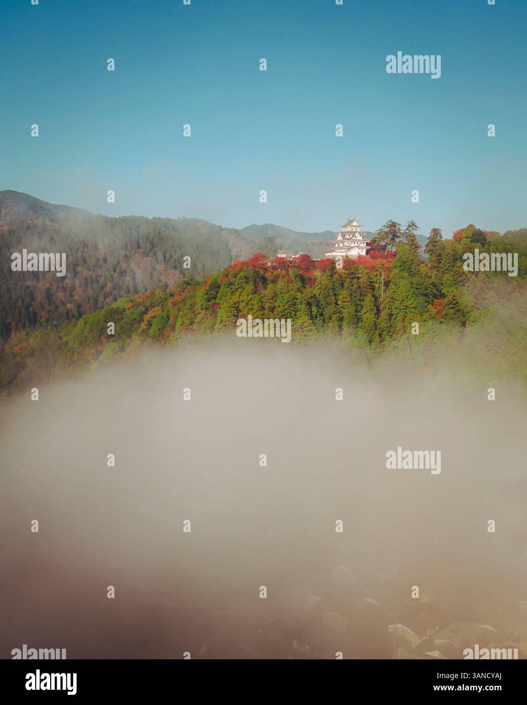 Aerial view of Gujo Hachiman Castle at sunrise during koyo season, Gujo ...
