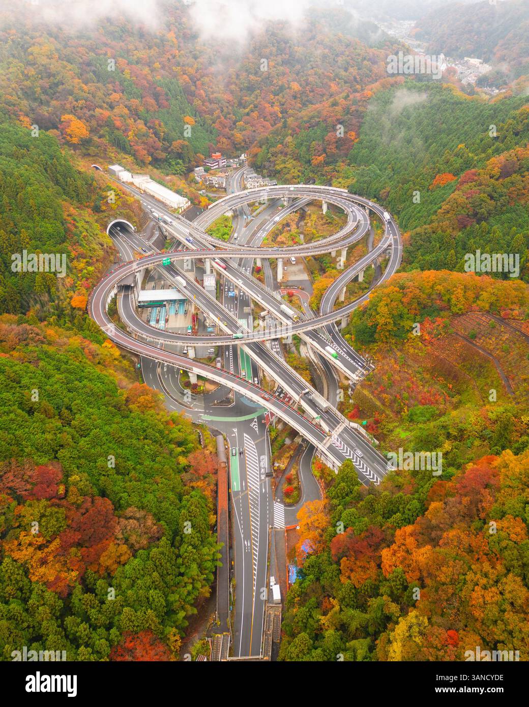 Aerial view of the tortuous Annai Bridge on the Takaosan IC highway ...