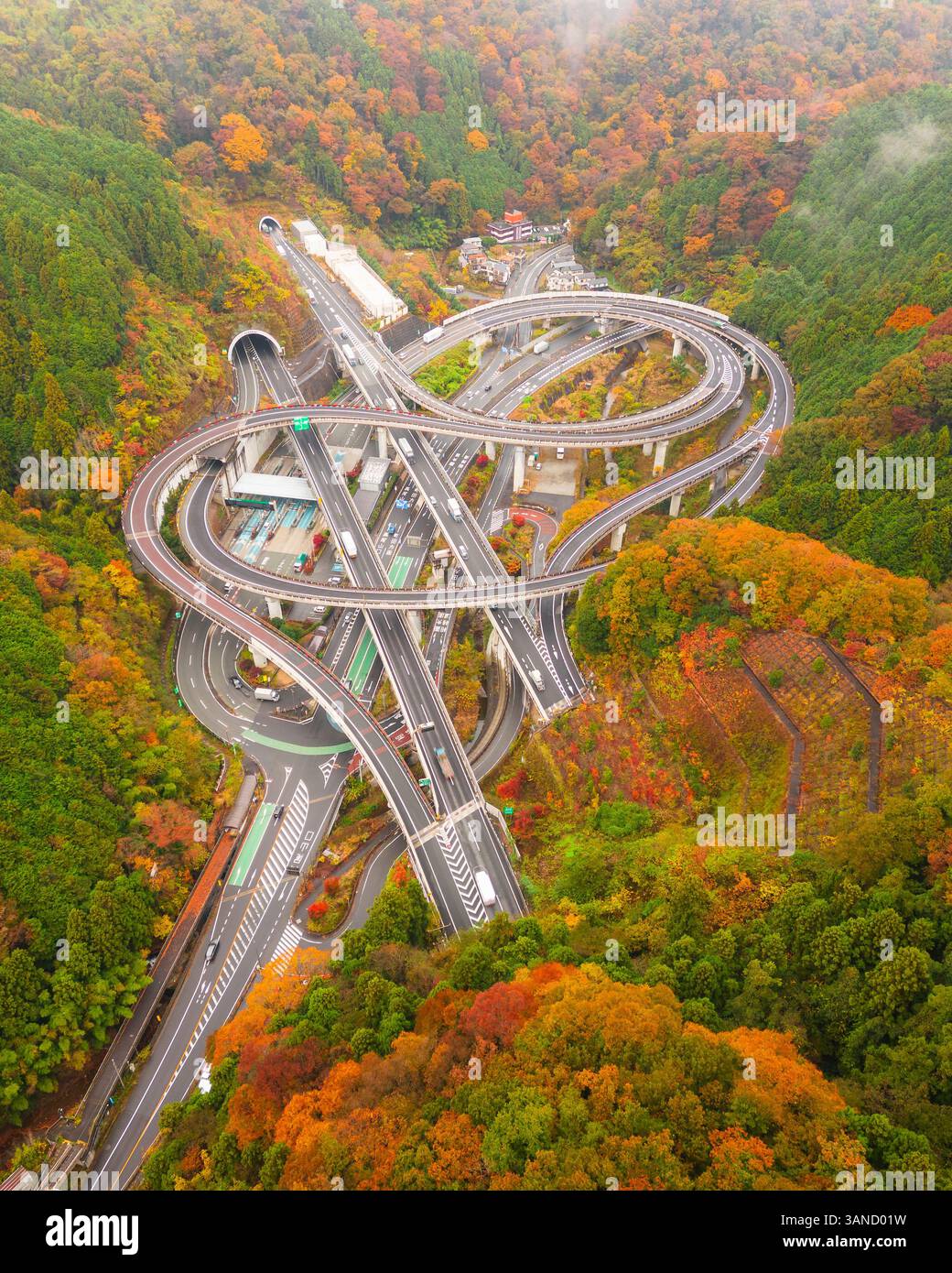 Aerial view of the tortuous Annai Bridge on the Takaosan IC highway ...