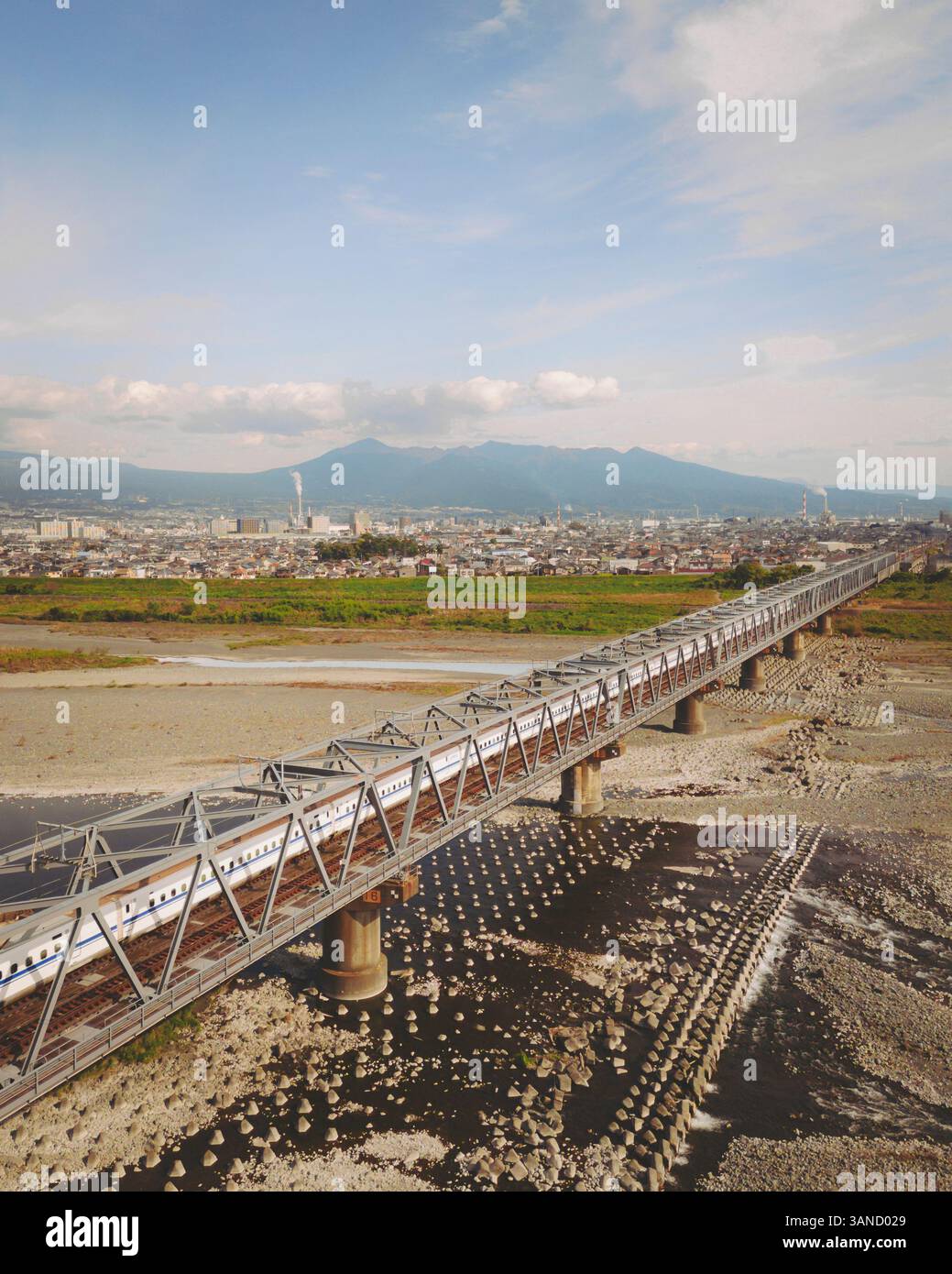 Aerial view of the Tokaido Shinkansen on a bridge over the Fuji-kawa ...