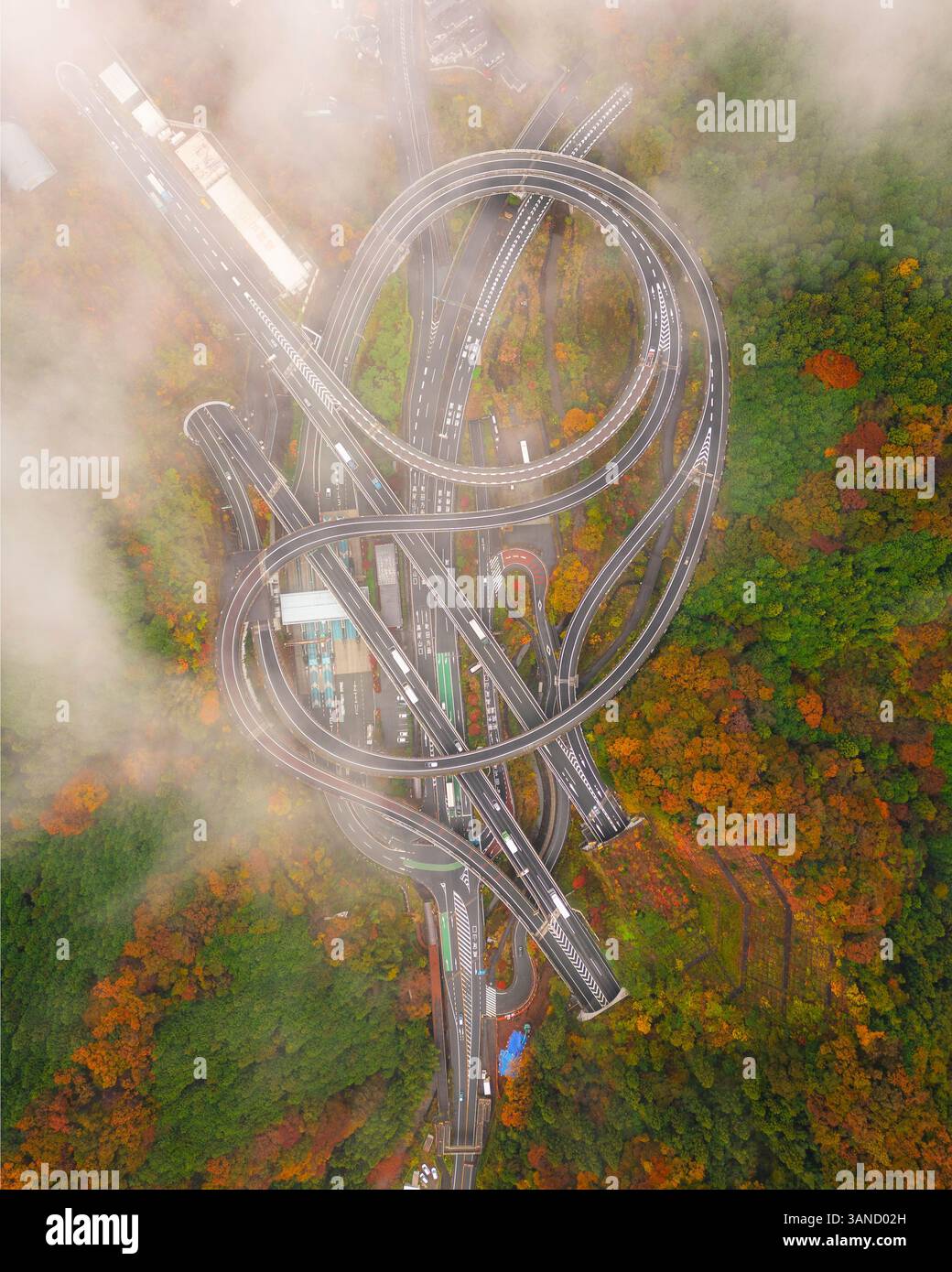 Aerial view of the tortuous Annai Bridge on the Takaosan IC highway ...