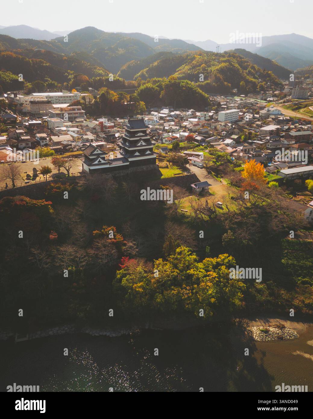 Aerial view of Ozu castle during koyo season, Ozu, Ehime, Shikoku ...