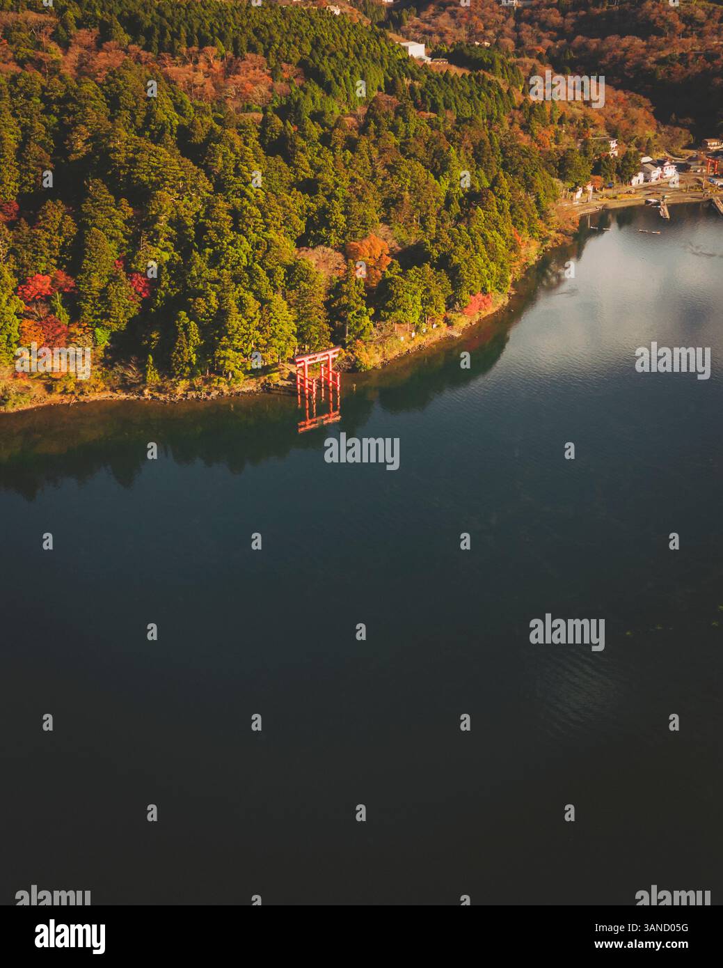 Aerial view of the Peace Torii at sunrise on Lake Ashi, Hakone ...