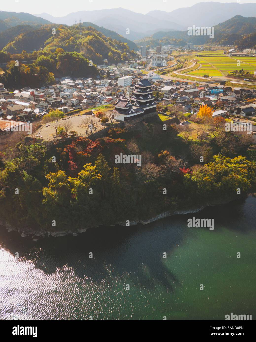 Aerial view of Ozu castle during koyo season, Ozu, Ehime, Shikoku ...