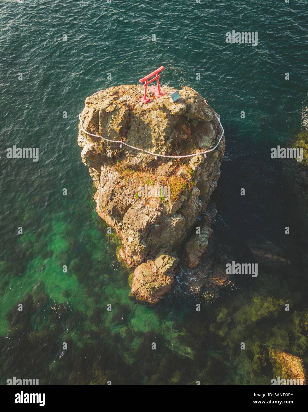 Aerial view of the Tsunakakeiwa Rock Mishima Shrine, Ehime, Shikoku ...