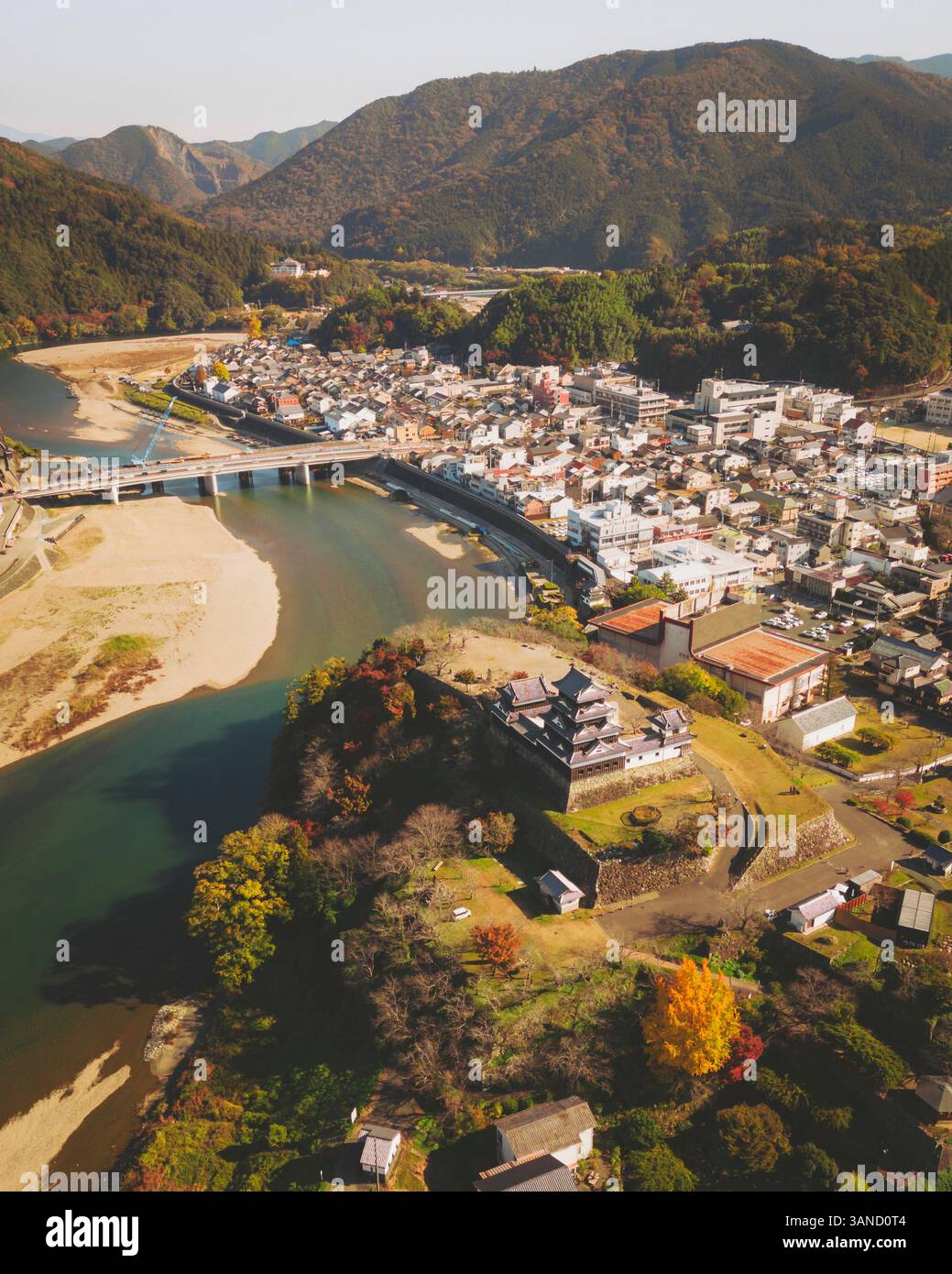 Aerial view of Ozu castle during koyo season, Ozu, Ehime, Shikoku ...