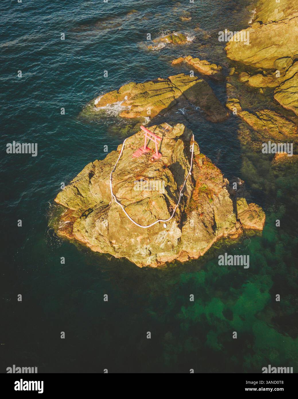 Aerial view of the Tsunakakeiwa Rock Mishima Shrine, Ehime, Shikoku ...