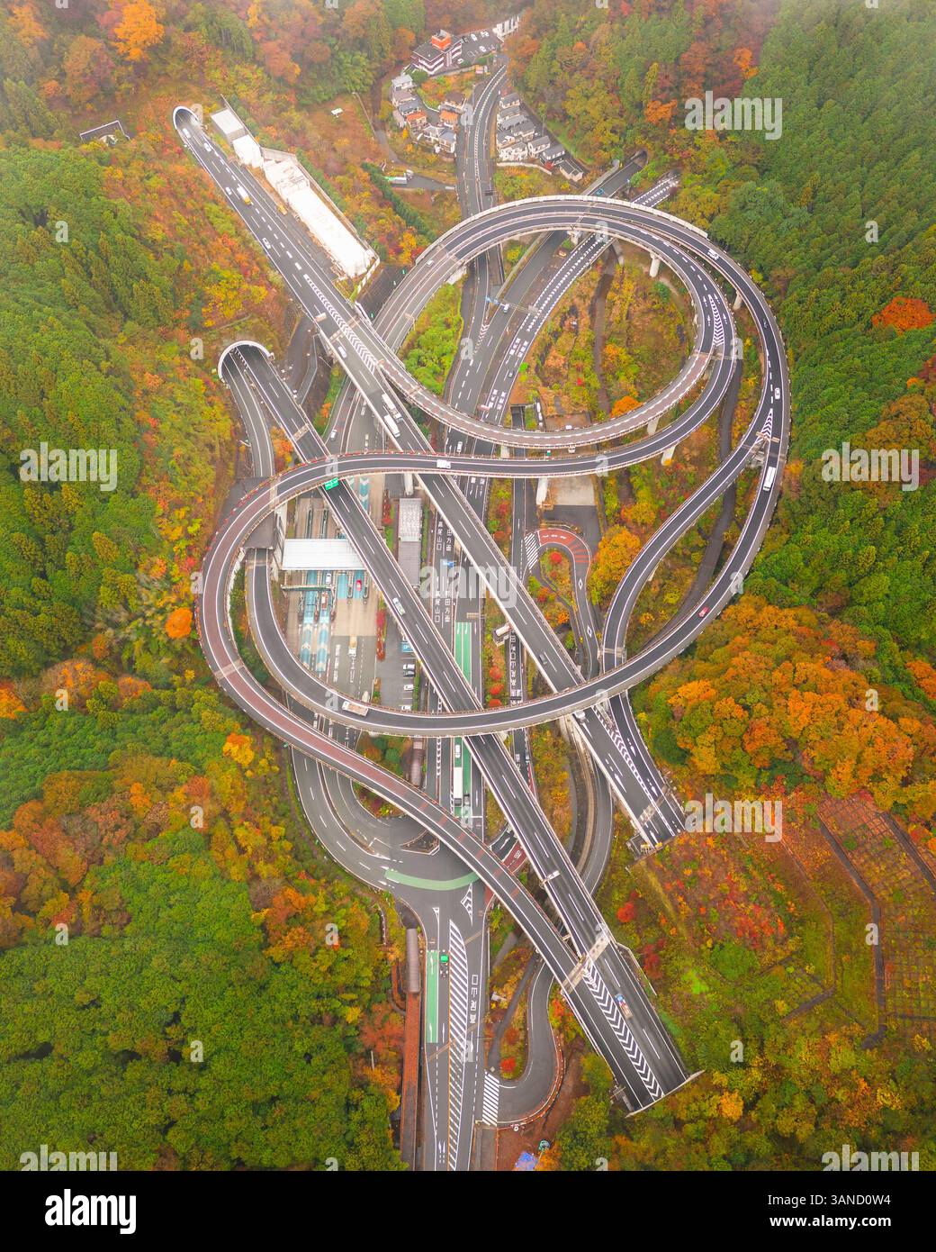 Aerial view of the tortuous Annai Bridge on the Takaosan IC highway ...