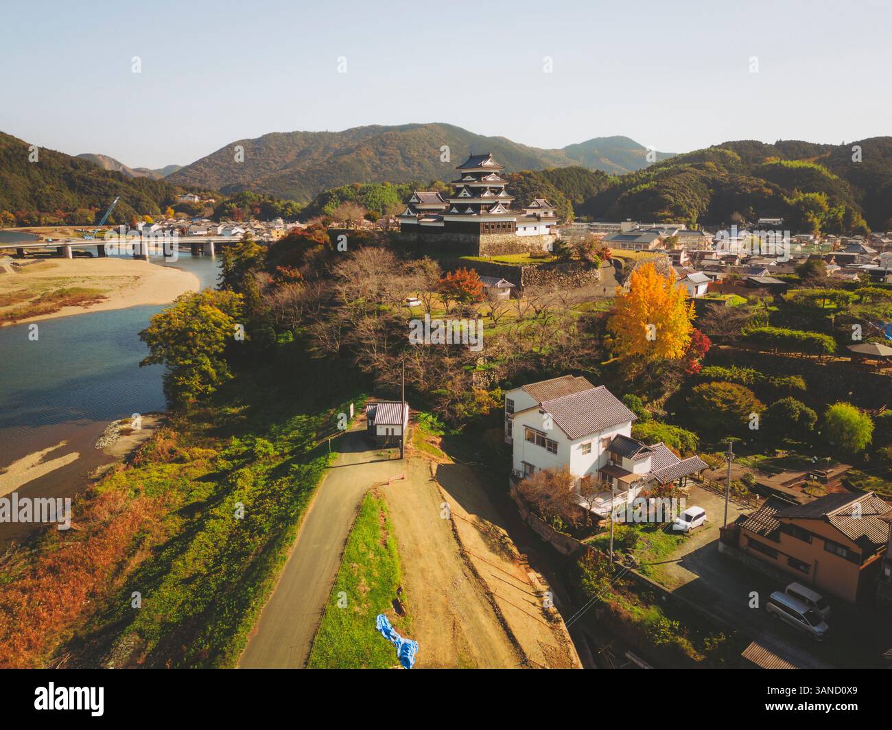 Aerial view of Ozu castle during koyo season, Ozu, Ehime, Shikoku ...