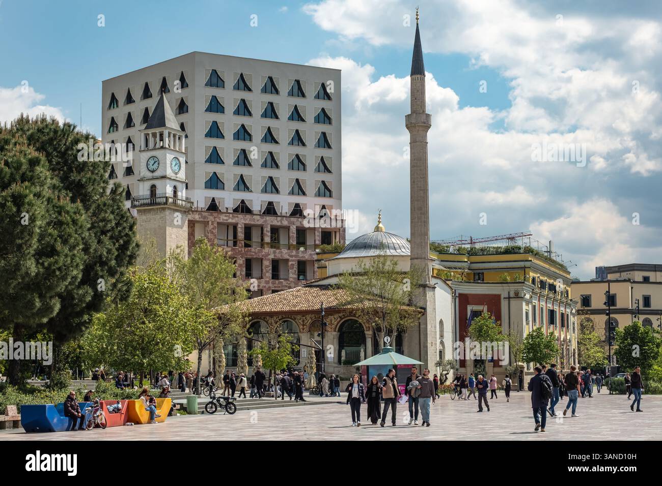 People, travelers, tourists in the central park in Scanderbeg Square ...
