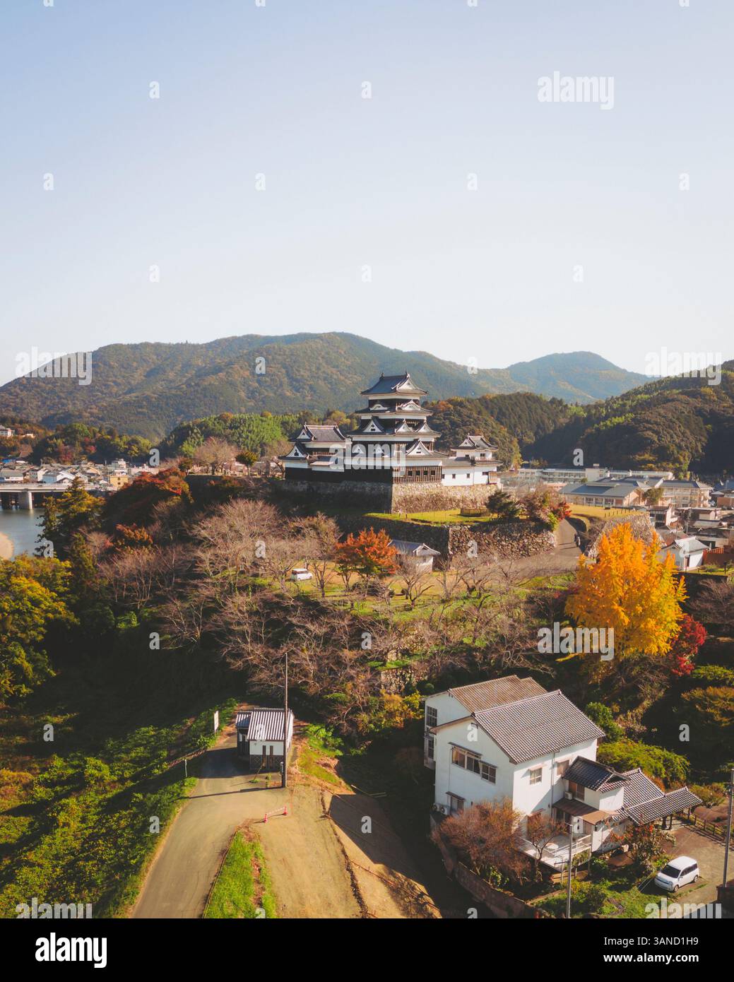 Aerial view of Ozu castle during koyo season, Ozu, Ehime, Shikoku ...