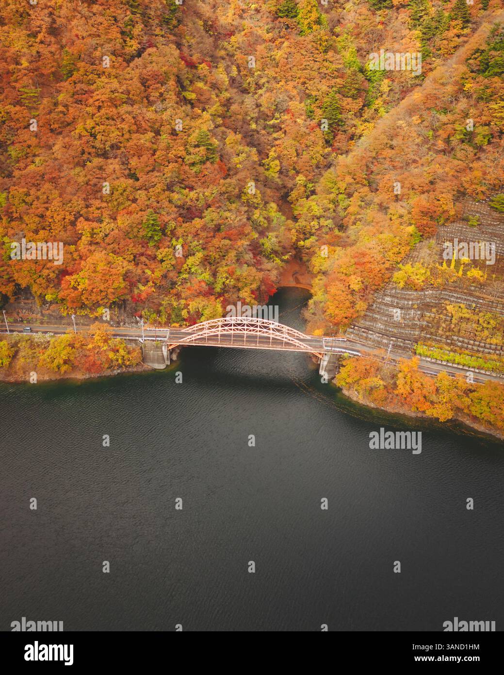 Aerial view of the Mugiyama bridge on Lake Okutama during Kyoto season ...