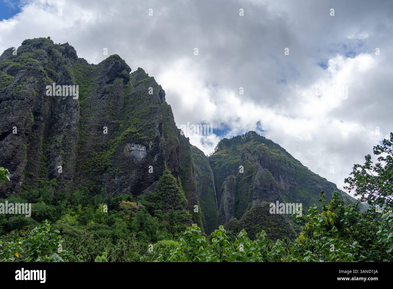 Vaipo waterfall flows down high cliffs in Hakaui valley, Nuku Hiva ...