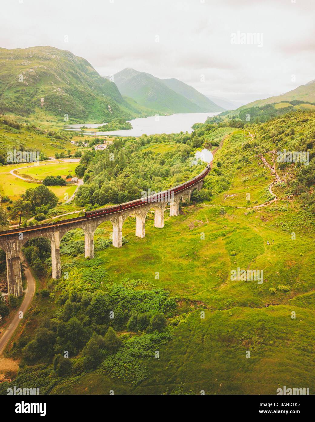 Aerial view of Glenfinnan Viaduct, Scottish Highlands, Scotland, United ...