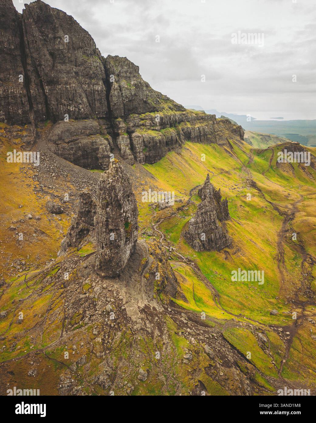 Aerial view of the famous Old Man of Storr rock, Isle of Skye, Scottish ...