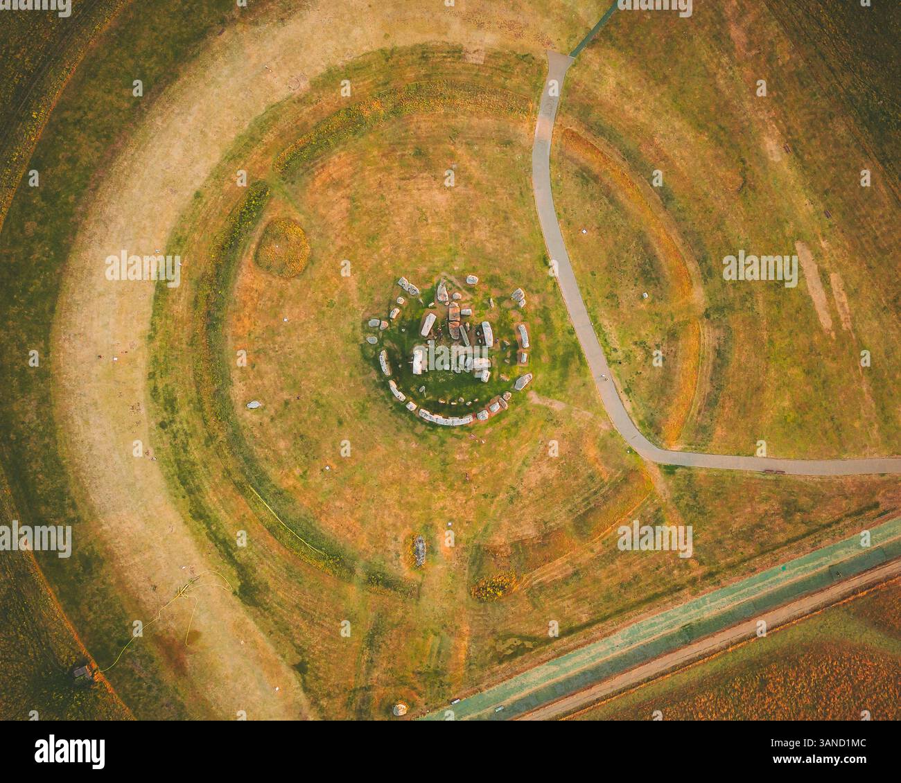Aerial view of the famous Stonehenge rock sculpture at sunset, England ...