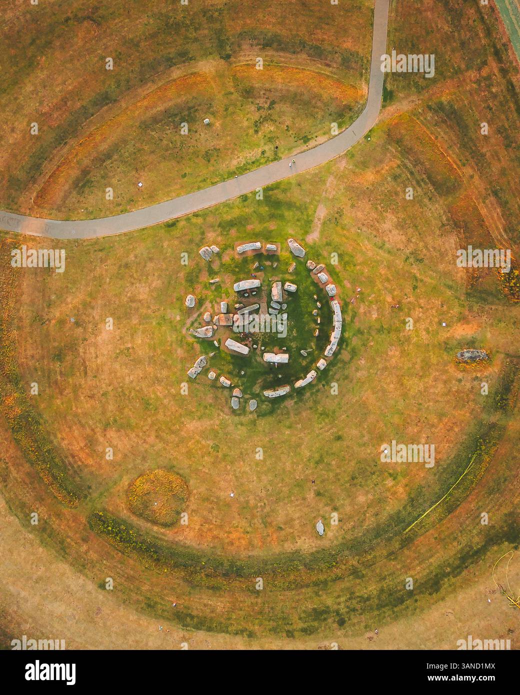 Aerial view of the famous Stonehenge rock sculpture at sunset, England ...