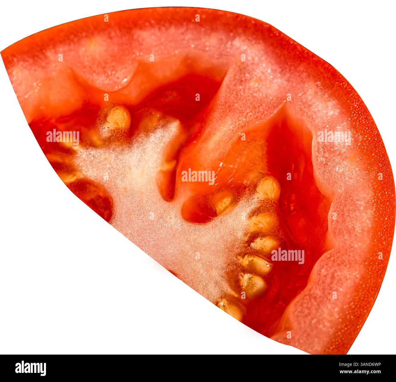 Juicy red tomato slice showing seeds and pulp on white background Stock ...