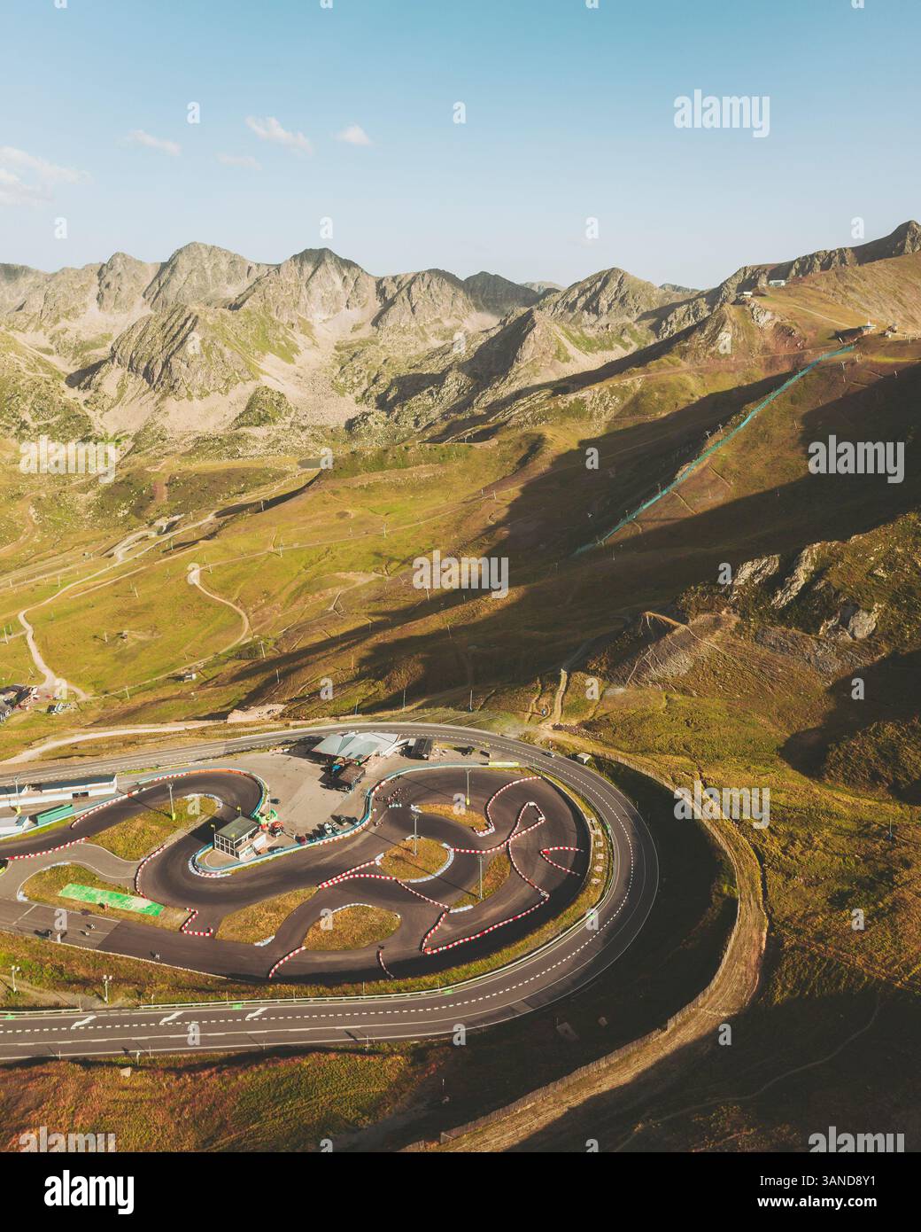 Aerial view of Pas de la Casa mountain pass and a Kart race circuit ...