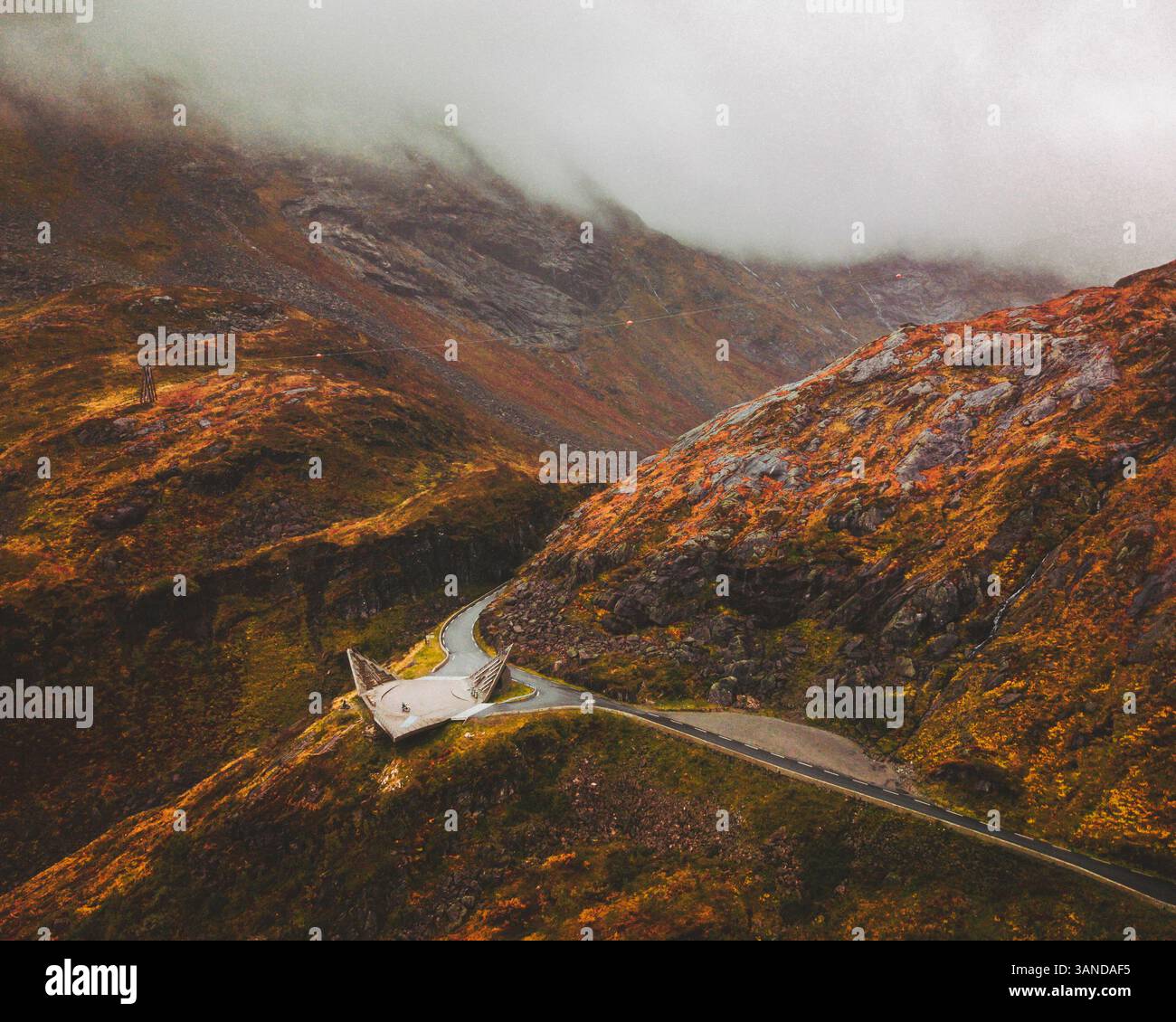 Aerial view of an abstract sculpture along the road on the mountain ...
