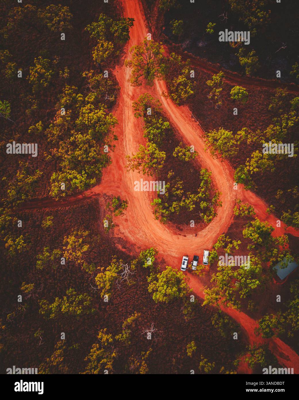 Aerial view of a road near the Undara Volcano in Mount Surprise ...