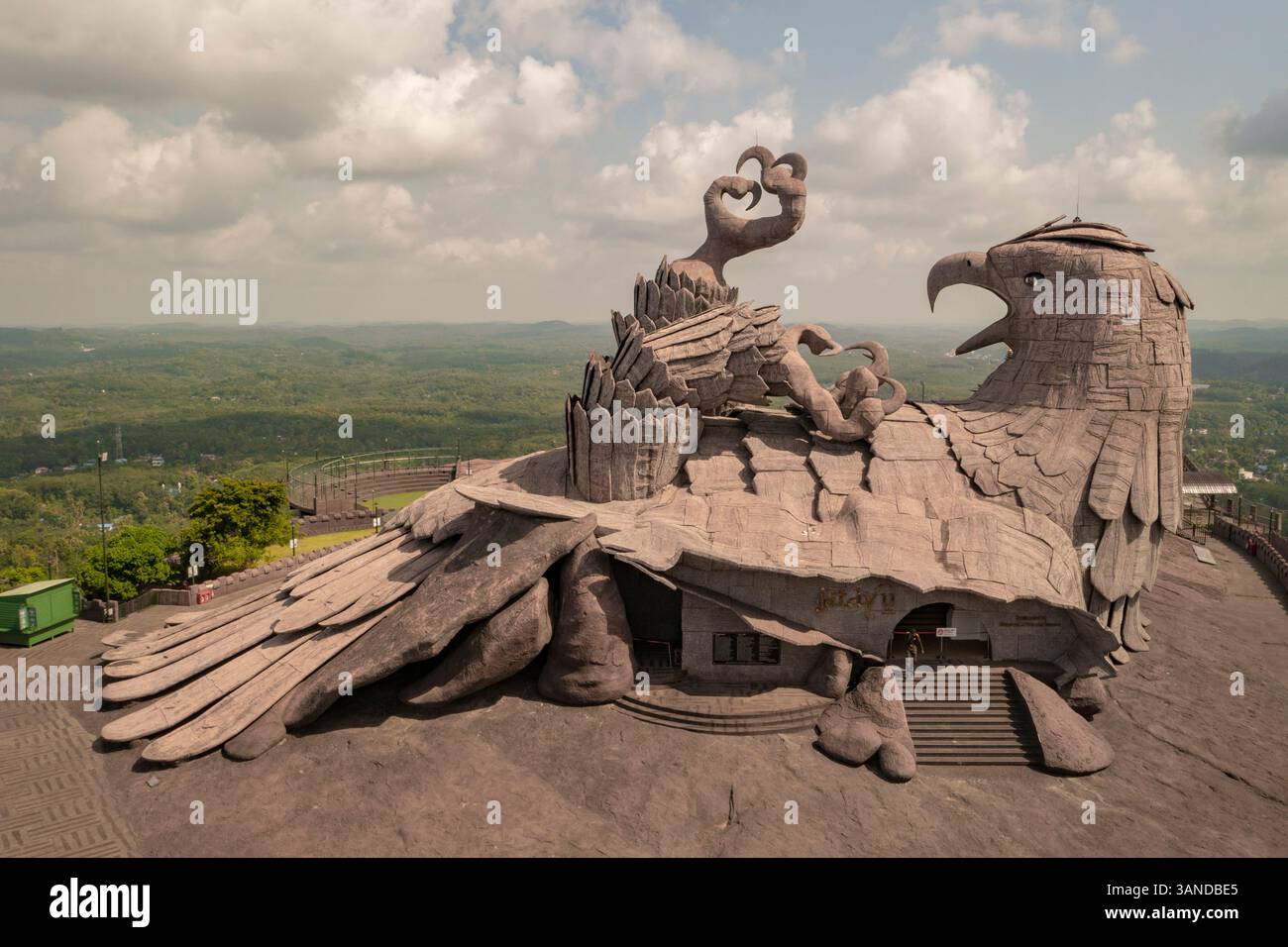 Aerial view of Jatayu Rock, an eagle shaped statue on the hill top ...