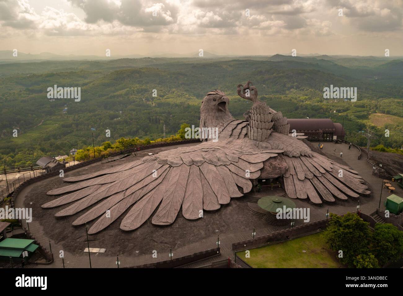 Aerial view of Jatayu Rock, an eagle shaped statue on the hill top ...