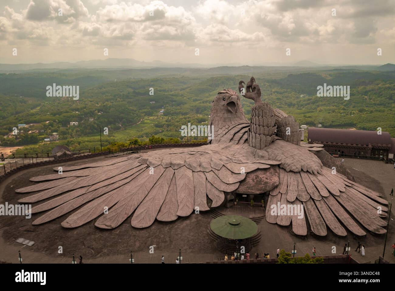 Aerial view of Jatayu Rock, an eagle shaped statue on the hill top ...