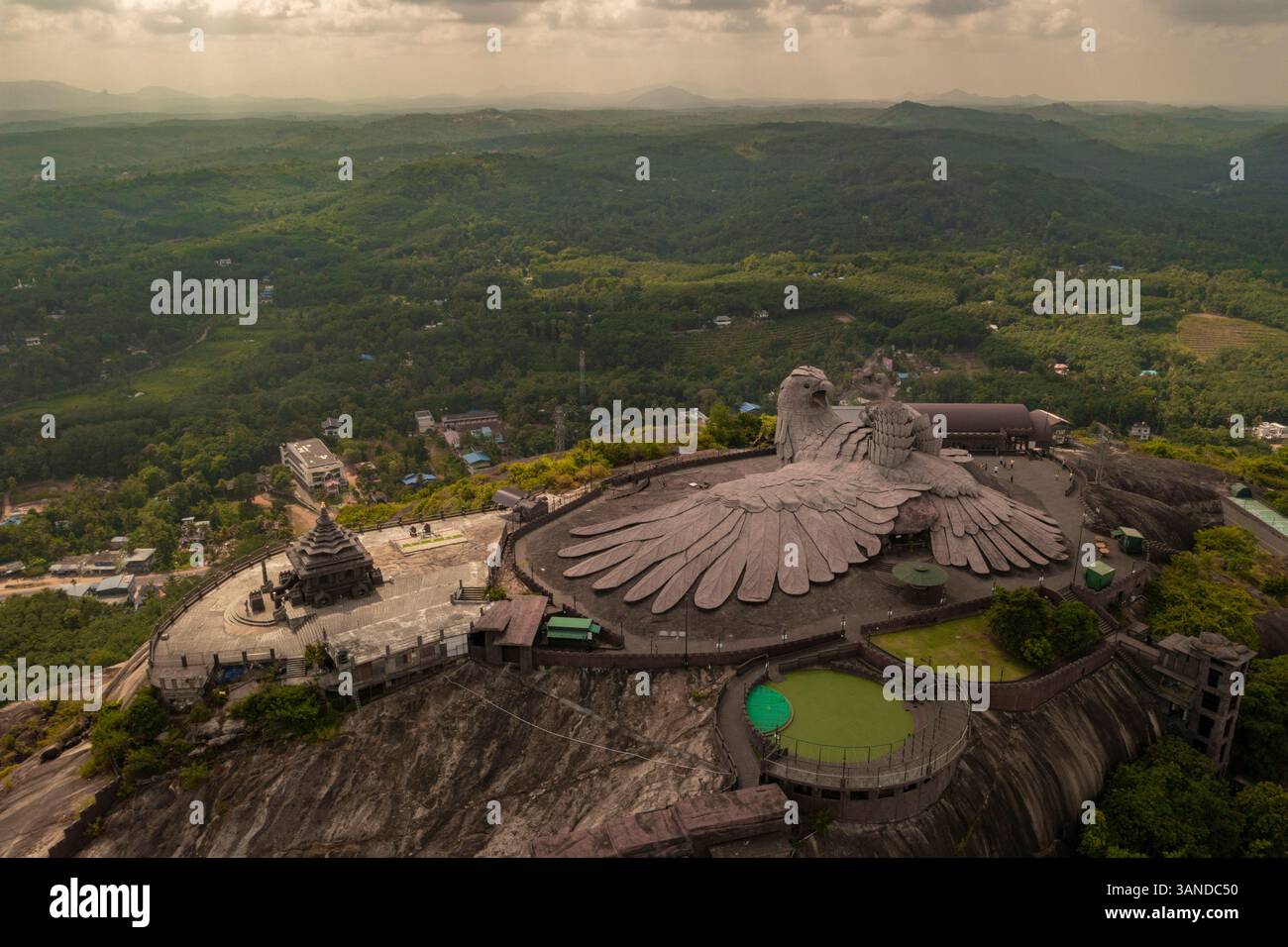 Aerial view of Jatayu Rock, an eagle shaped statue on the hill top ...