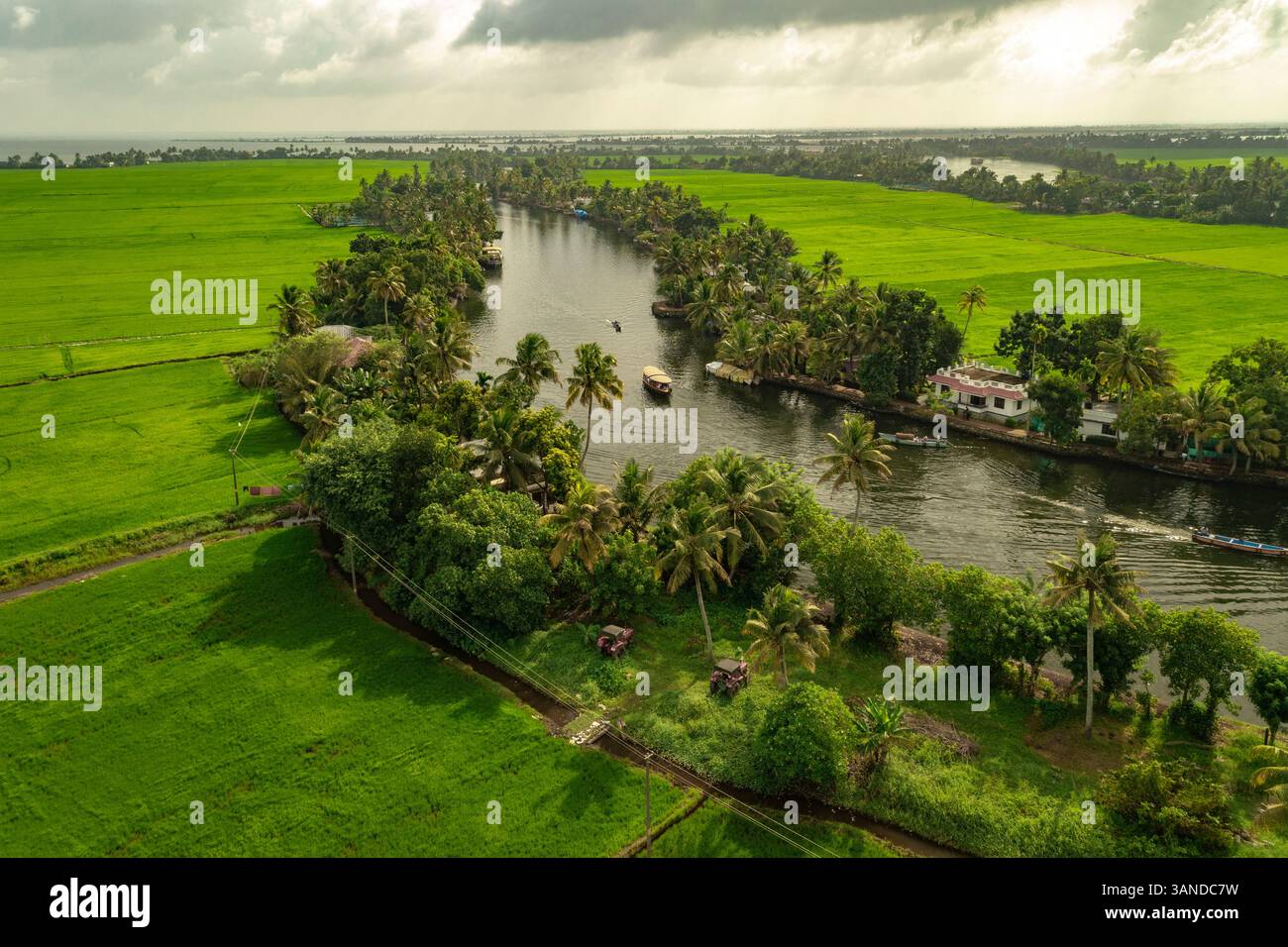 Aerial view of boats sailing the river water in Alappuzha, Kerala ...