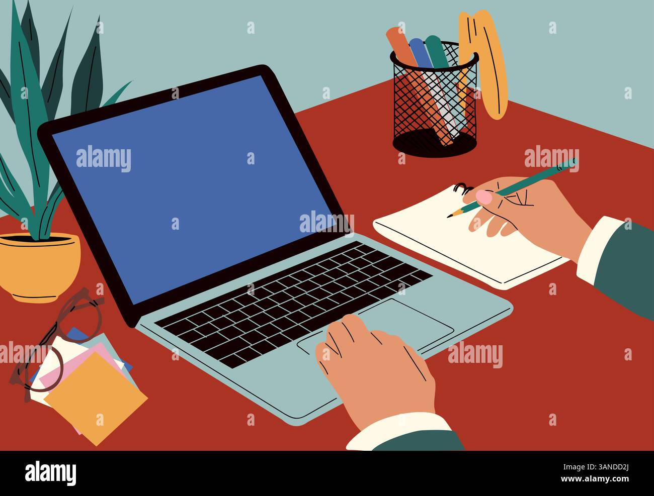 Businessman using laptop workplace mobile Stock Vector Images - Alamy