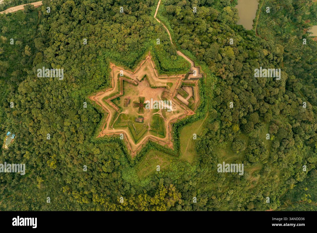 Aerial view of Manjarabad fort, an historical star shaped fort on the ...