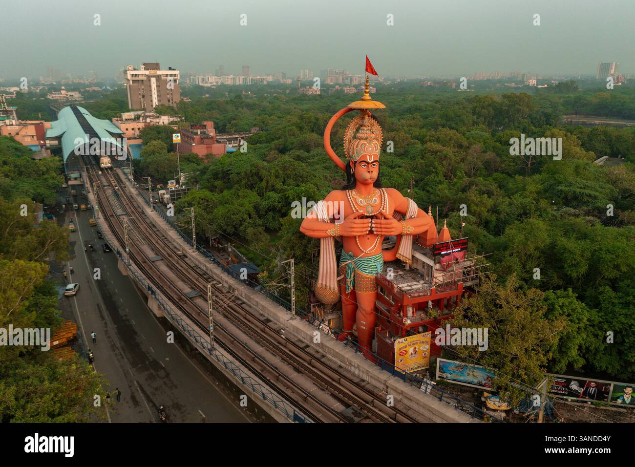 Aerial view of a railroad crossing the city with Hanuman Temple, in New Delhi, India Stock Photo ...