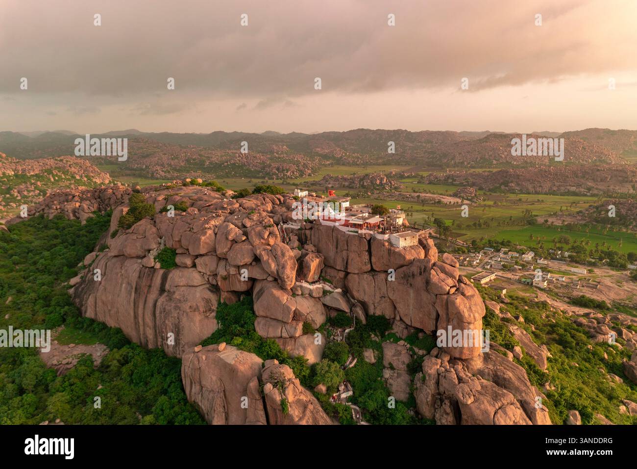 Aerial view of the Yantrodharaka Hanuman Temple at sunset, Gangavathi ...