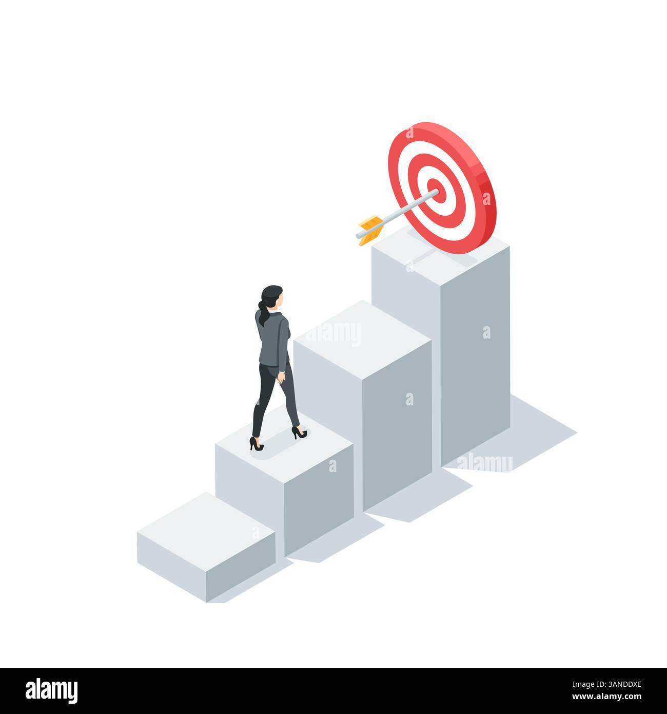 isometric vector business woman climbing up chart columns to target ...