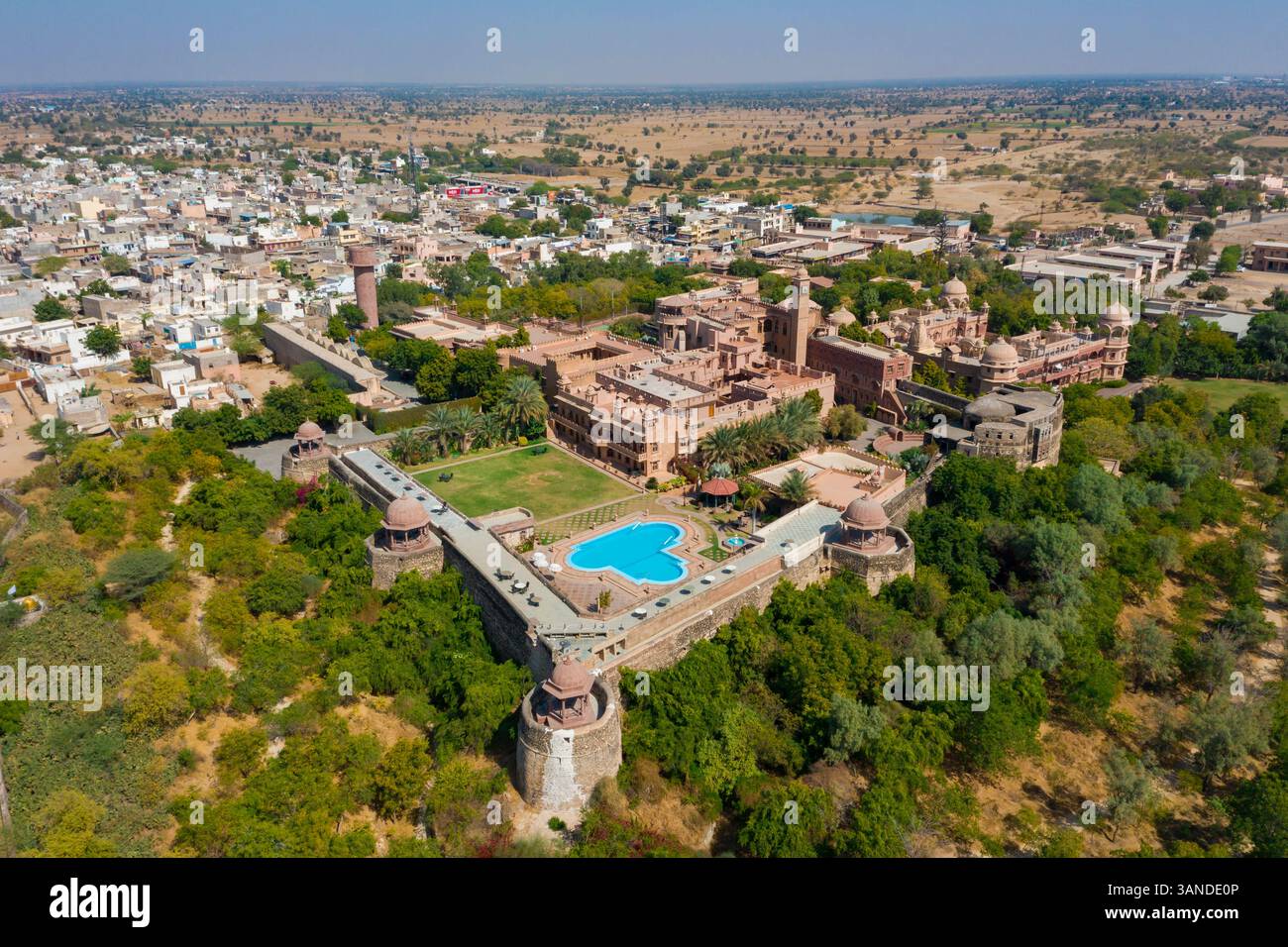 Aerial view of Khimsar township with a luxury resort in foreground ...