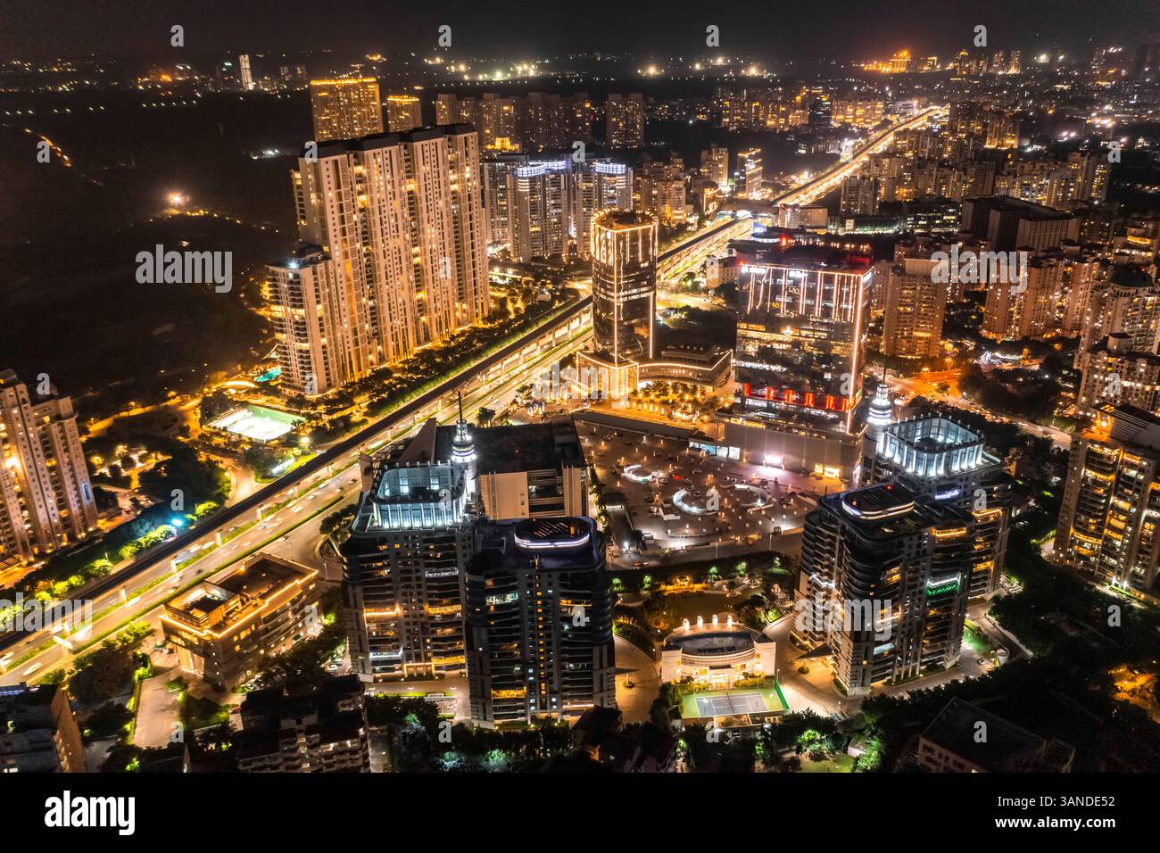 Aerial view of Gurugram downtown at night, view of illuminated building ...
